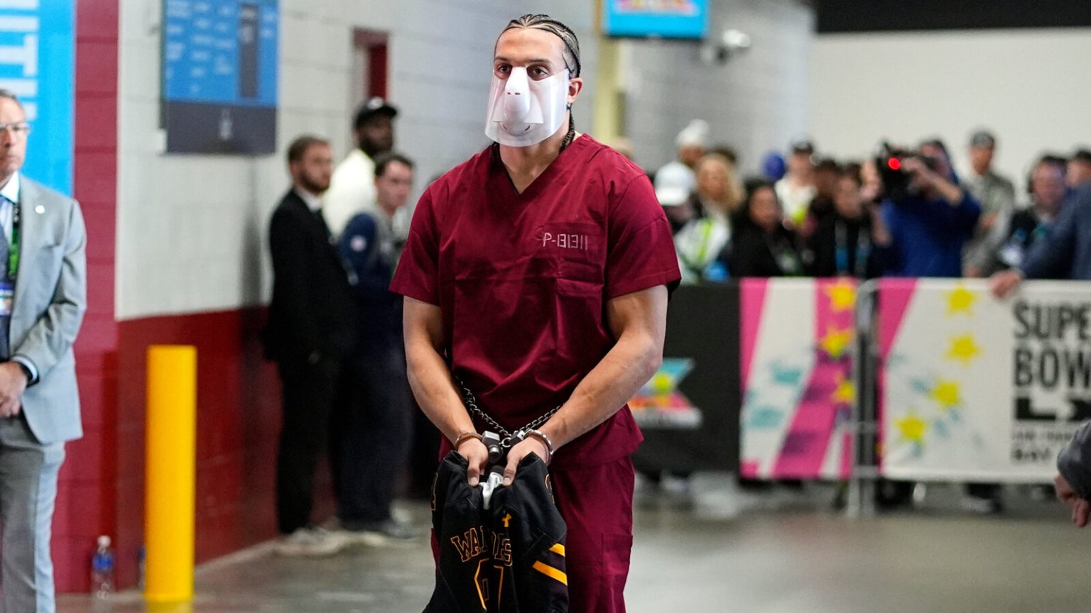 Mack Hollins Stuns Super Bowl LX With Barefoot Prison Jumpsuit Arrival ...